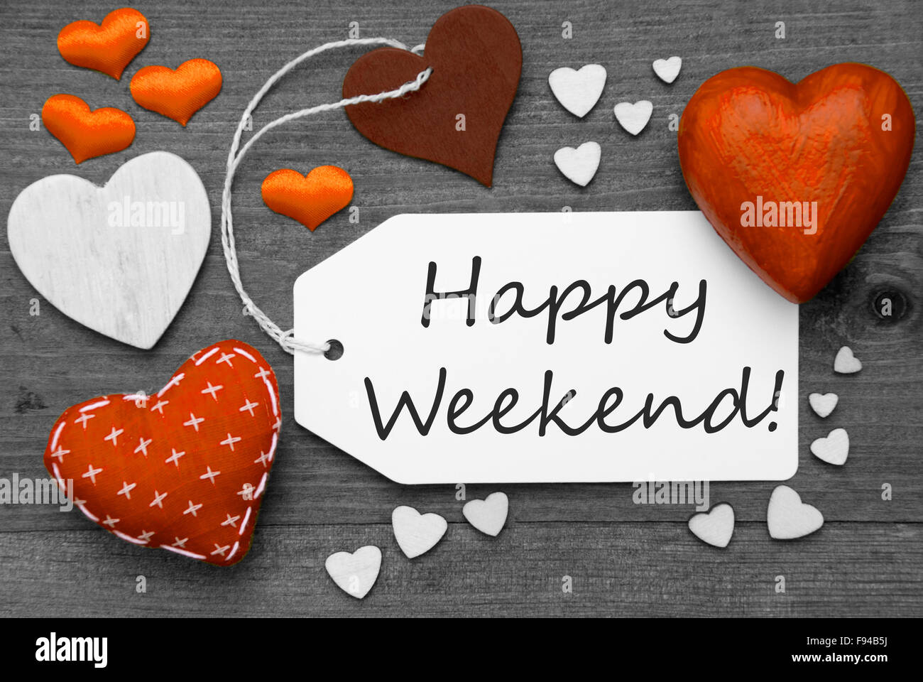 Black And White Label With Orange Hearts, Text Happy Weekend Stock ...