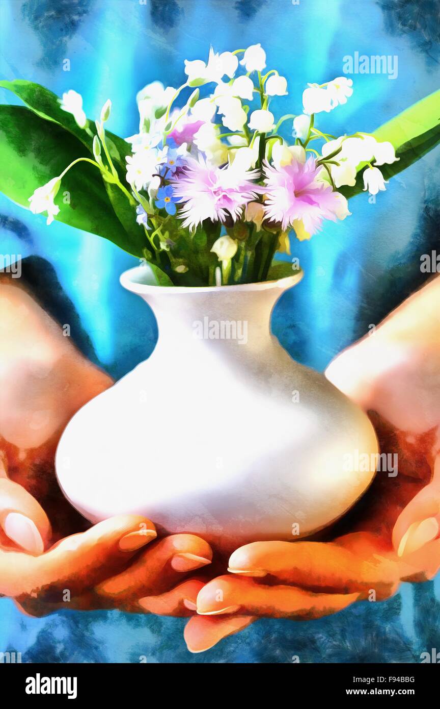 Meadow flower in woman hand. computer aquarelle painting collage Stock ...