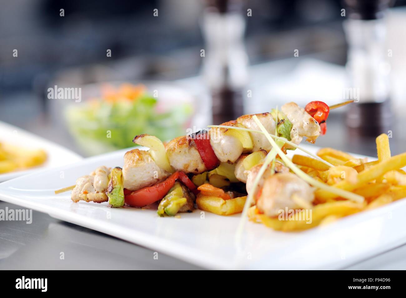 grill meat bbq and vegetable on stick prepare in kitchen at restaurant ...