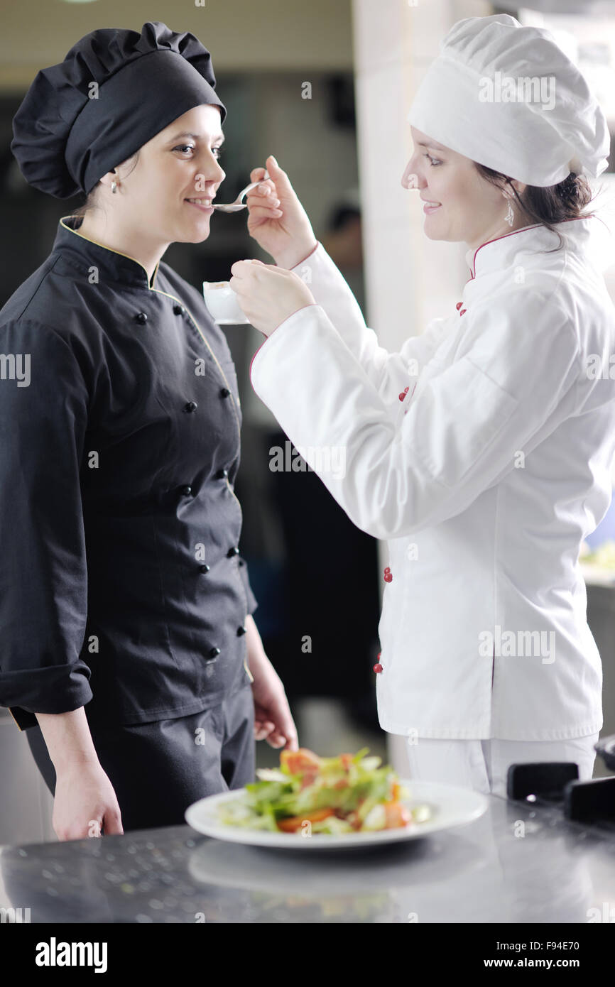 beautiful young chef woman prepare and decorating tasty food in kitchen ...