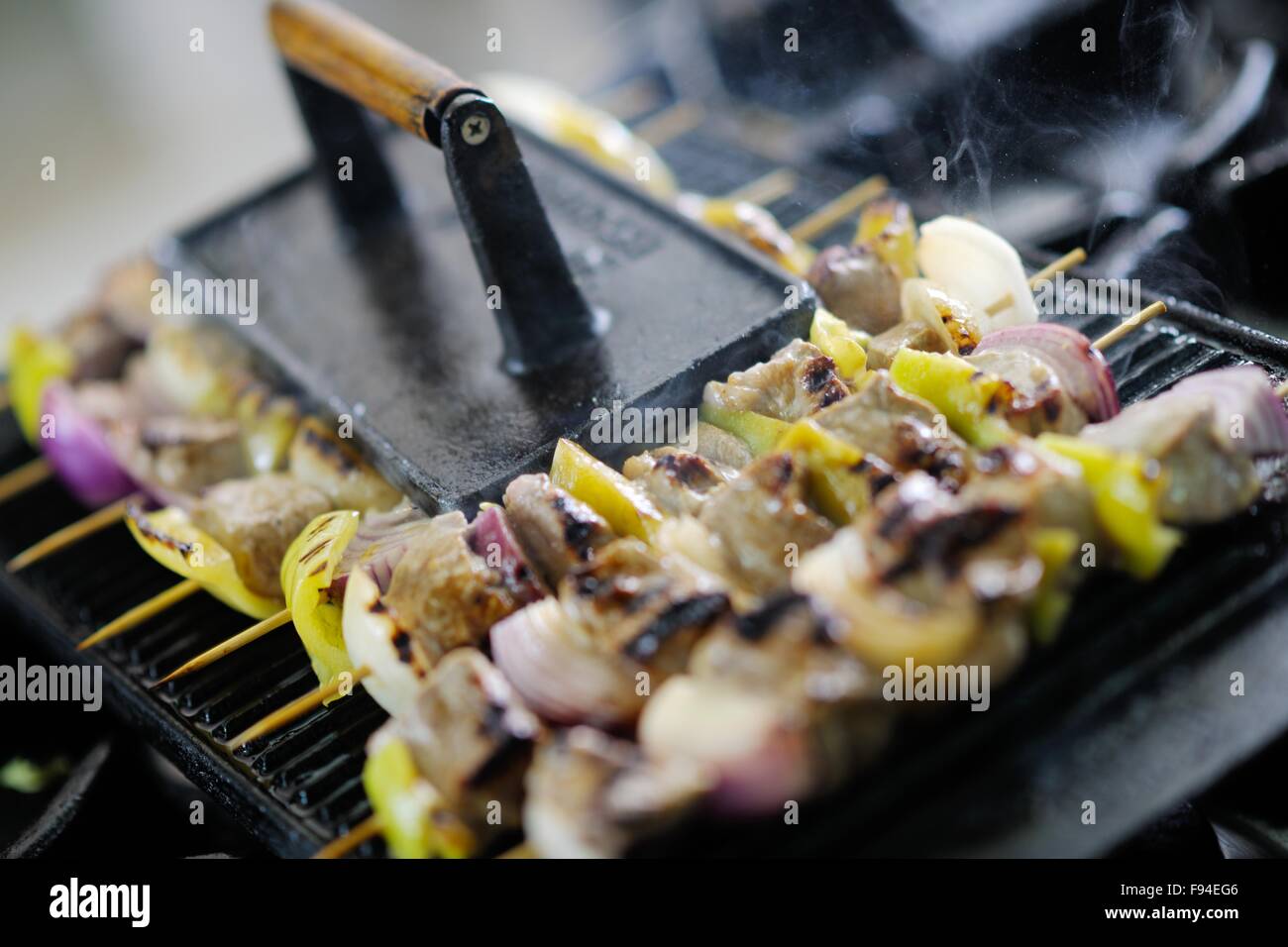 grill meat bbq and vegetable on stick prepare in kitchen at restaurant ...