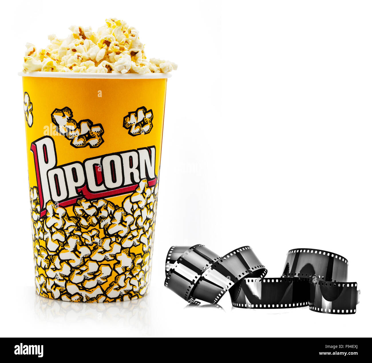 Large classic box of theater popcorn isolated on white with Film Strip ...