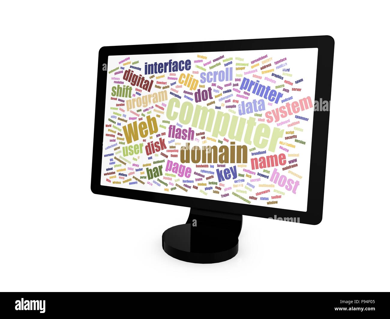 Computer screen with computer word-cloud on white background Stock ...