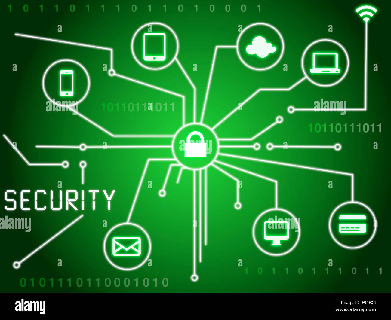 Internet and computer security concept illustrated as a green circuit ...