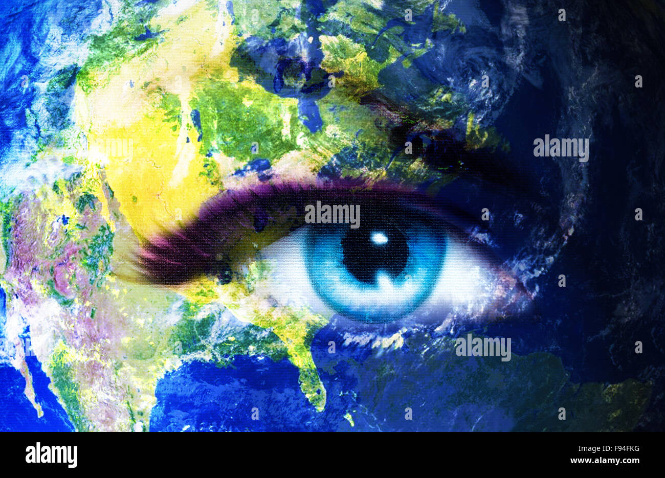Planet Earth and blue human eye with violet day makeup. woman painting ...
