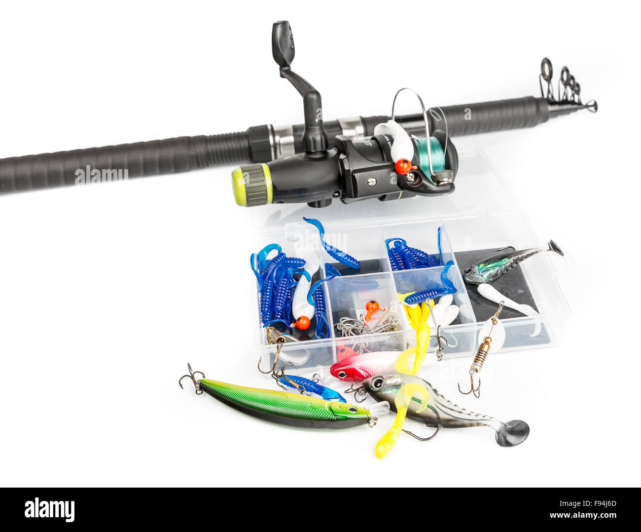 Fishing rod and baits set Stock Photo - Alamy