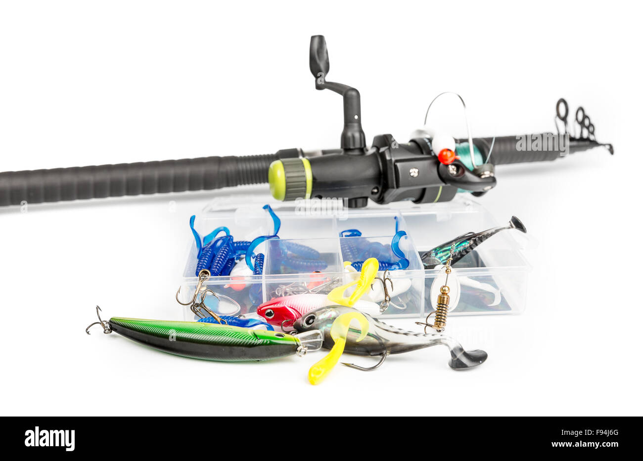 Fishing rod and baits set Stock Photo - Alamy