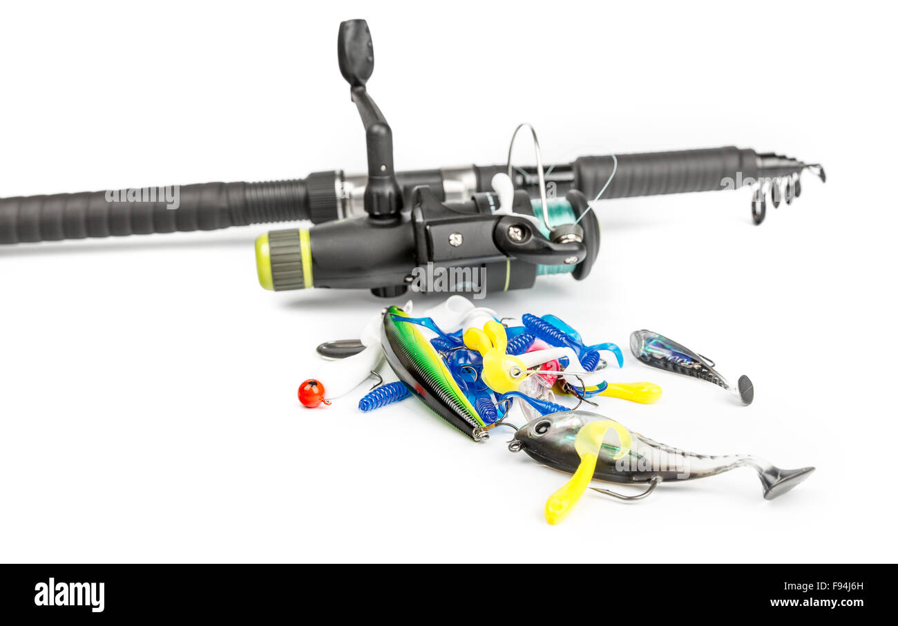 Fishing rod and baits set Stock Photo - Alamy