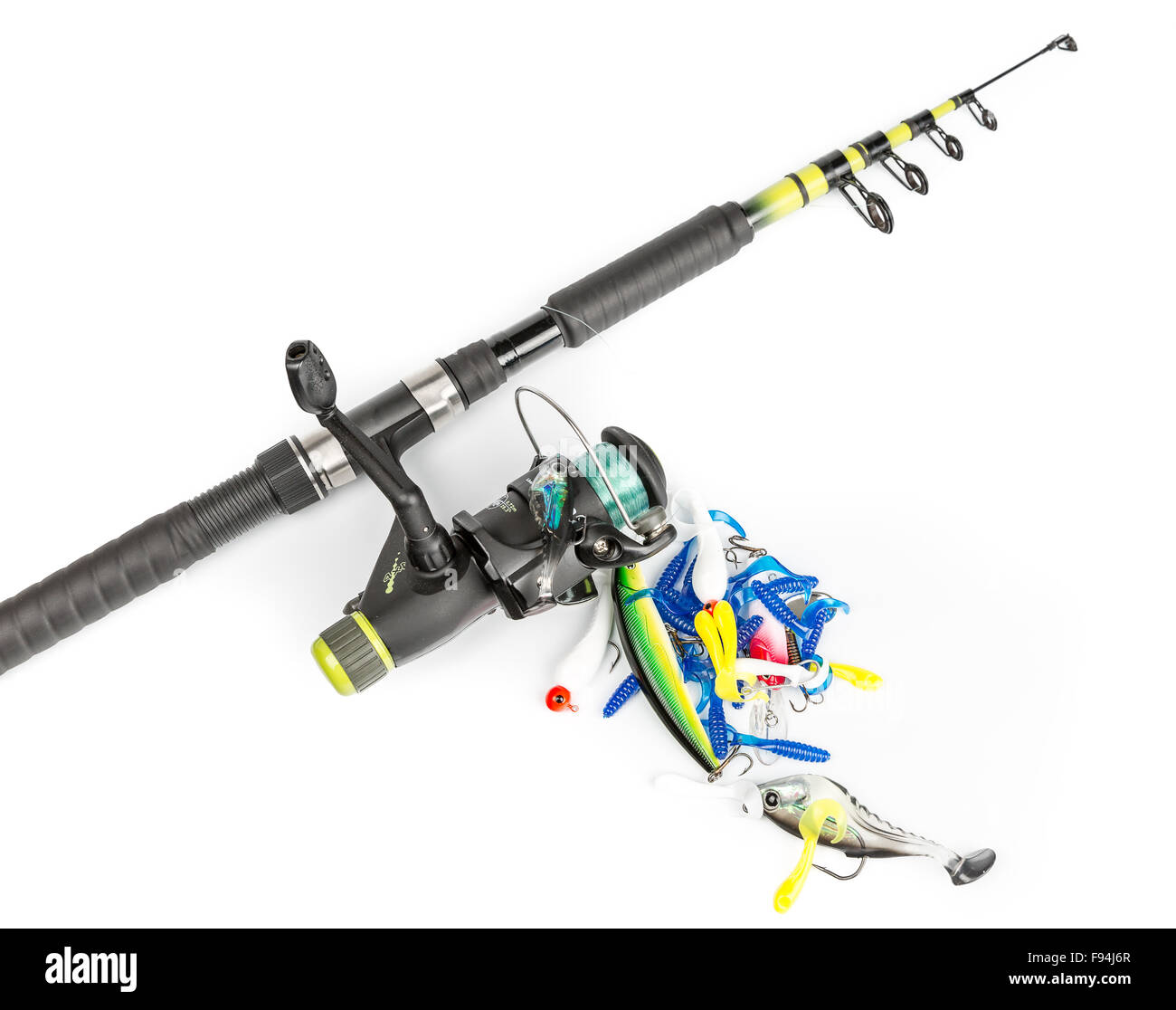 Fishing rod and baits set Stock Photo - Alamy