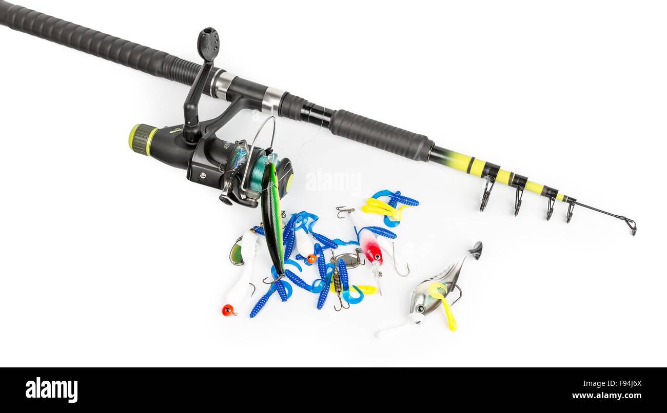 Fishing rod and baits set Stock Photo - Alamy