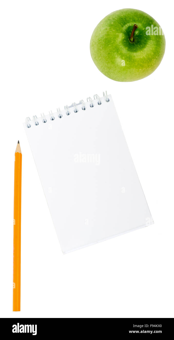Apple, pencil and notebook on white background Stock Photo - Alamy