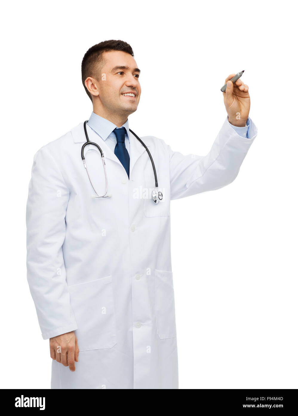 smiling male doctor writing something with marker Stock Photo - Alamy