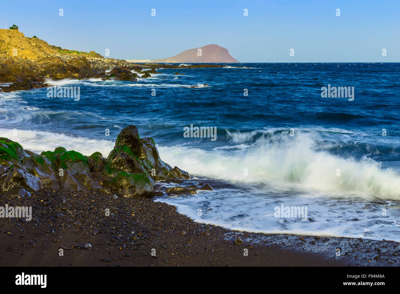 Stone Coast of Ocean with Waves on Tenerife Island at Day Stock Photo ...