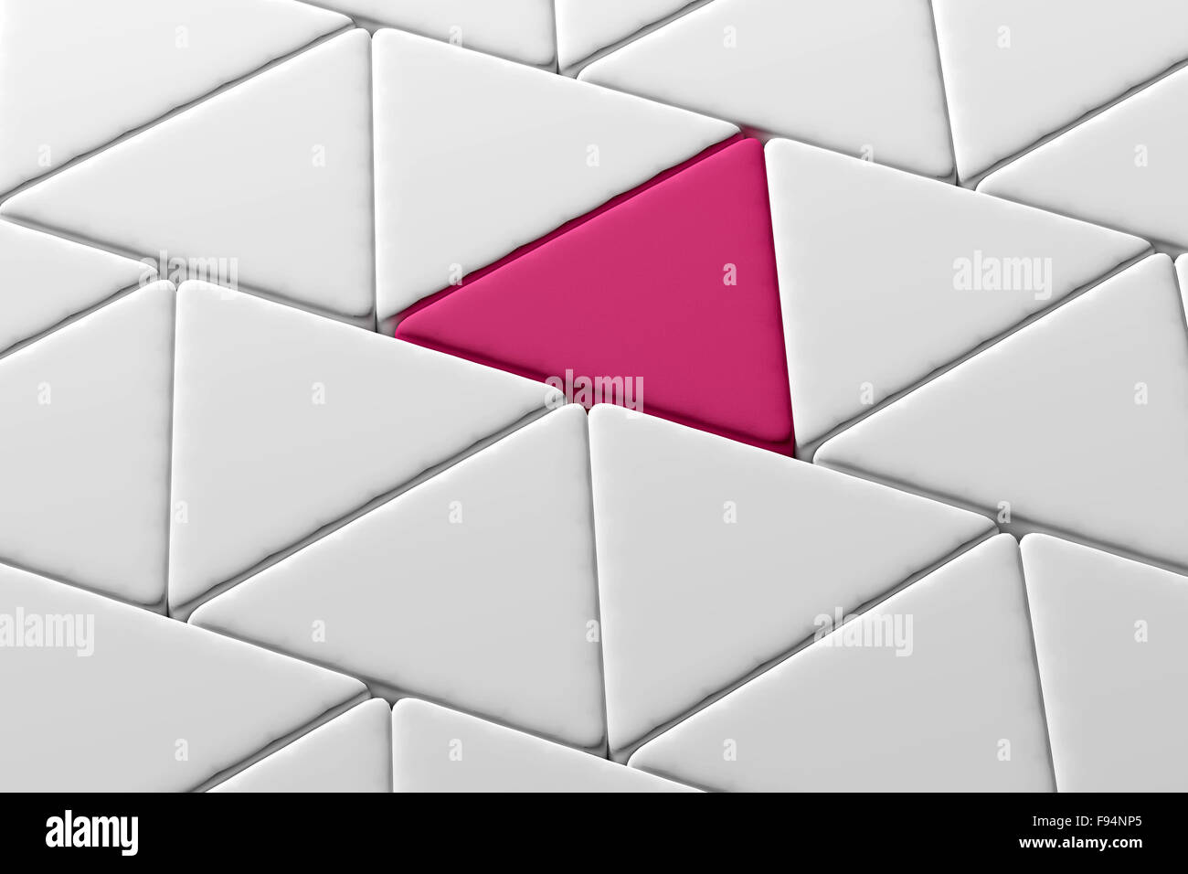 3d rendering of a close-up of one pink triangle amongst white triangles ...