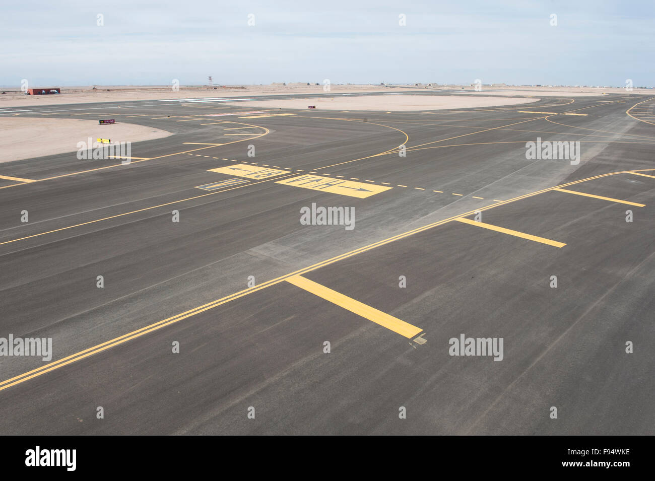 Aerial panoramic view of a commercial airport runway with connections ...