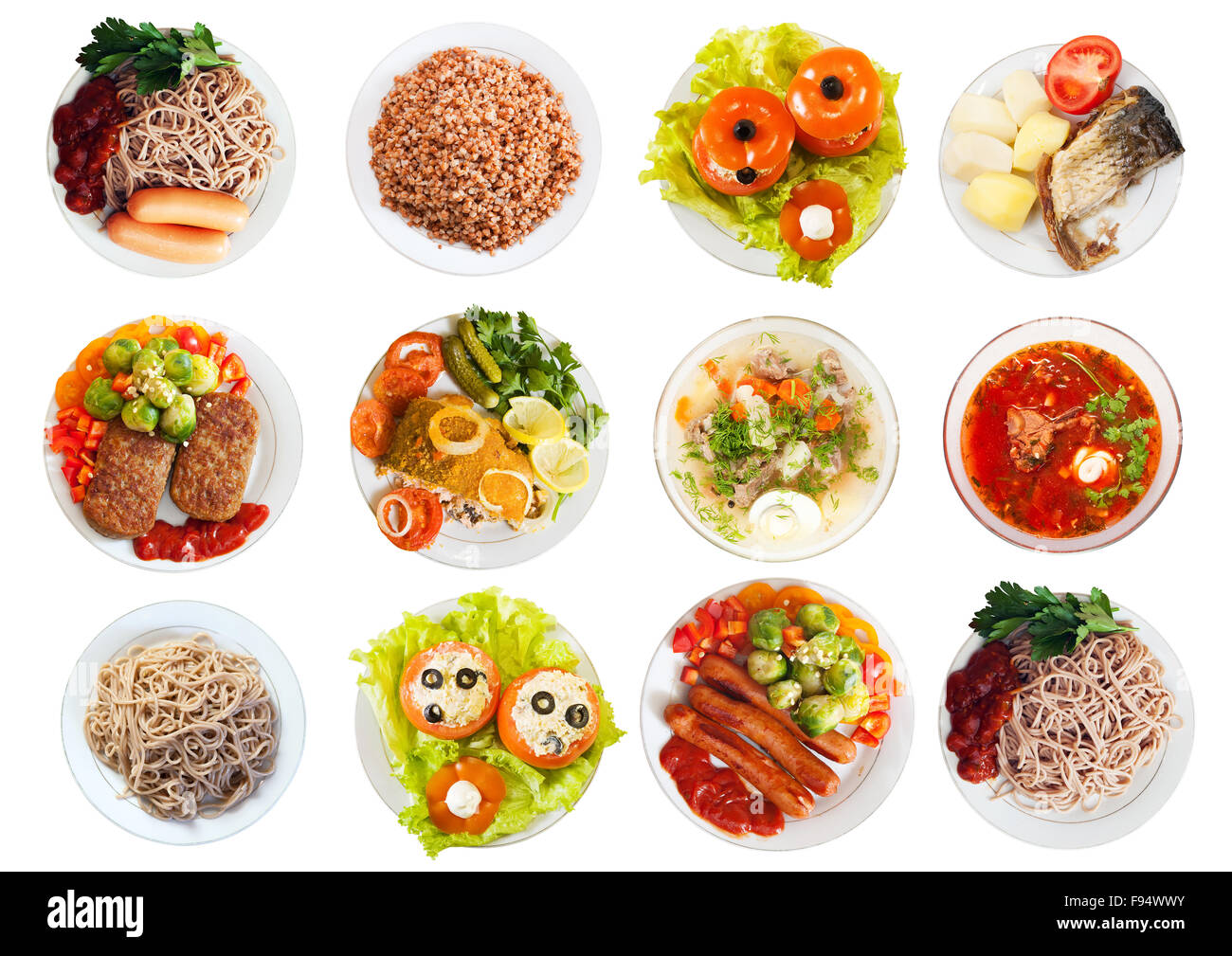 Top view of many plates with food over white background Stock Photo - Alamy