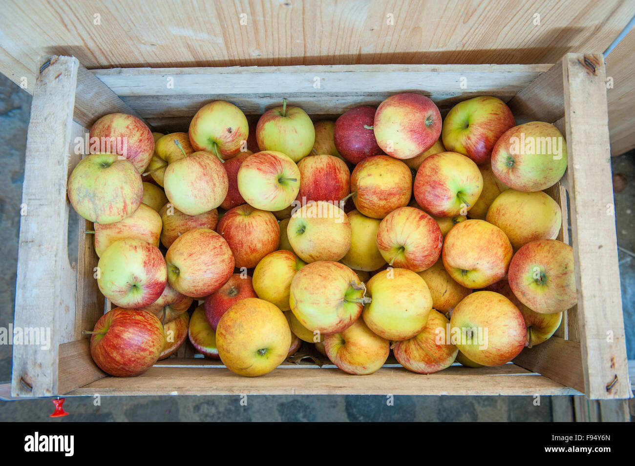 Box with heap of jonagold apples on market shelf Stock Photo - Alamy