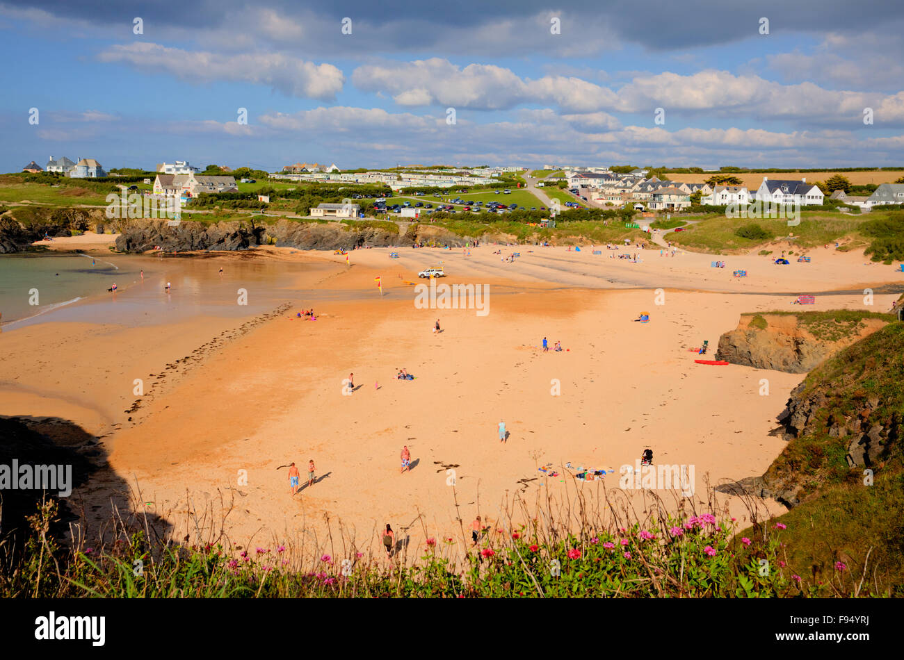 Treyarnon Bay beach Cornwall England UK with people, Cornish north in ...