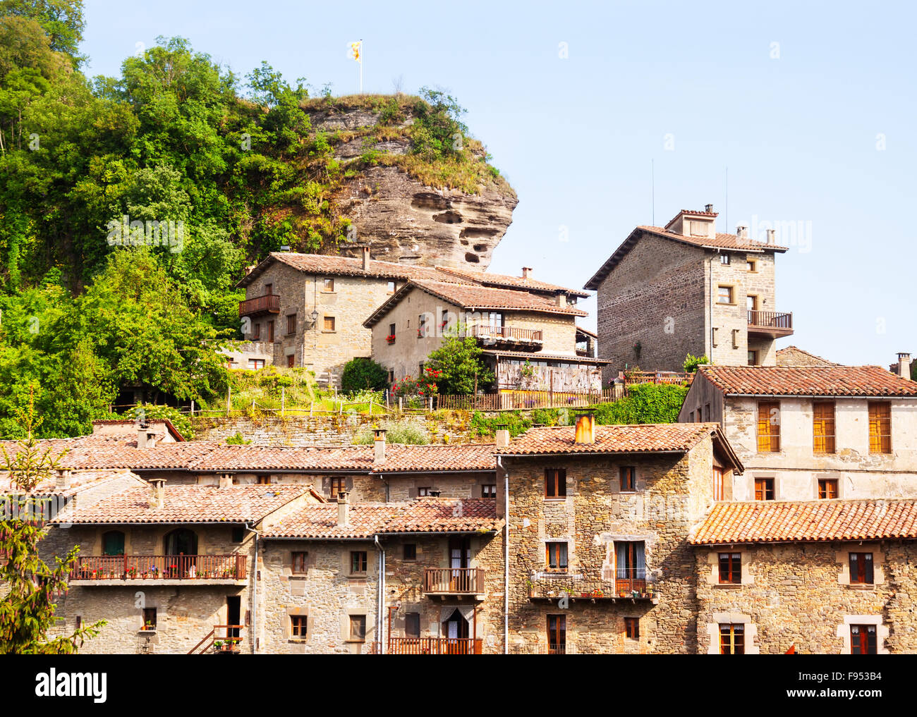 old picturesque houses of medieval Catalan village in Pyrenees. Rupit ...