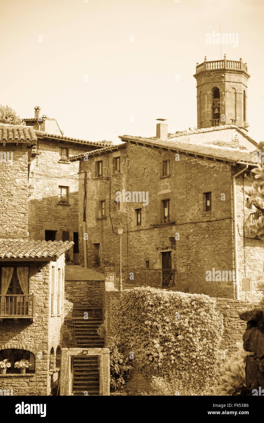 Vintage photo of narrow street of old Catalan village in Pyrenees ...