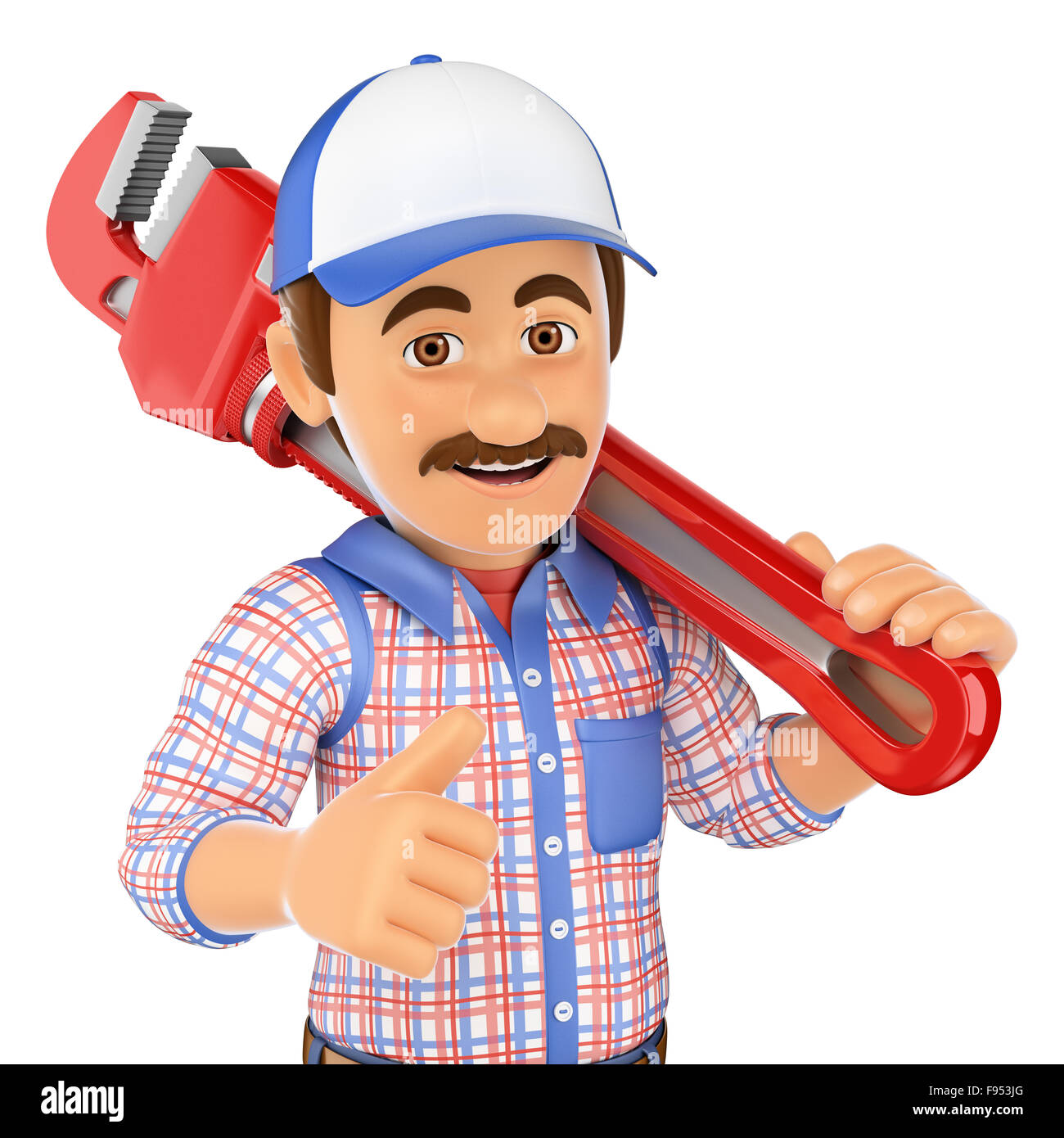 3d working people. Plumber with a pipe wrench. Isolated white ...