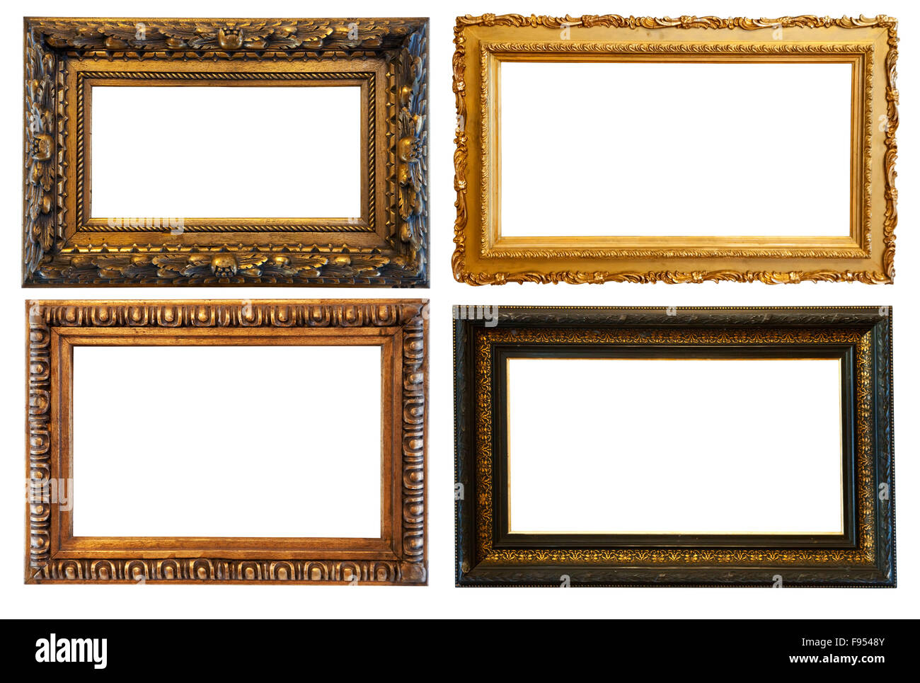 horizontal gold picture frames. Isolated over white background with ...