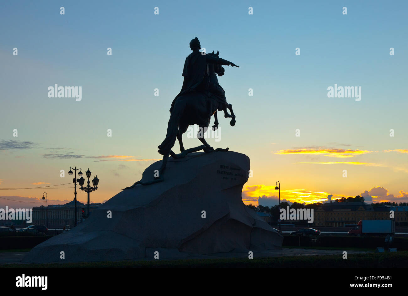 Equestrian statue of Peter the Great in sunrise. Saint Petersburg ...