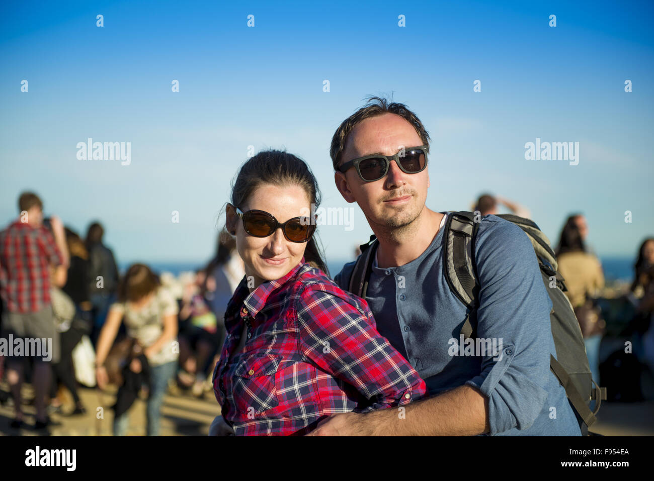 Happy young tourist couple smiling and having fun on Europe vacation ...