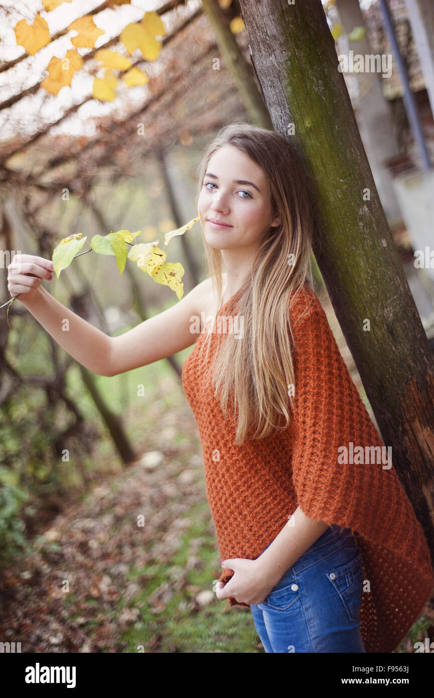 Outdoor Portrait Of Beautiful Girl In Autumn Forest Stock Photo Alamy