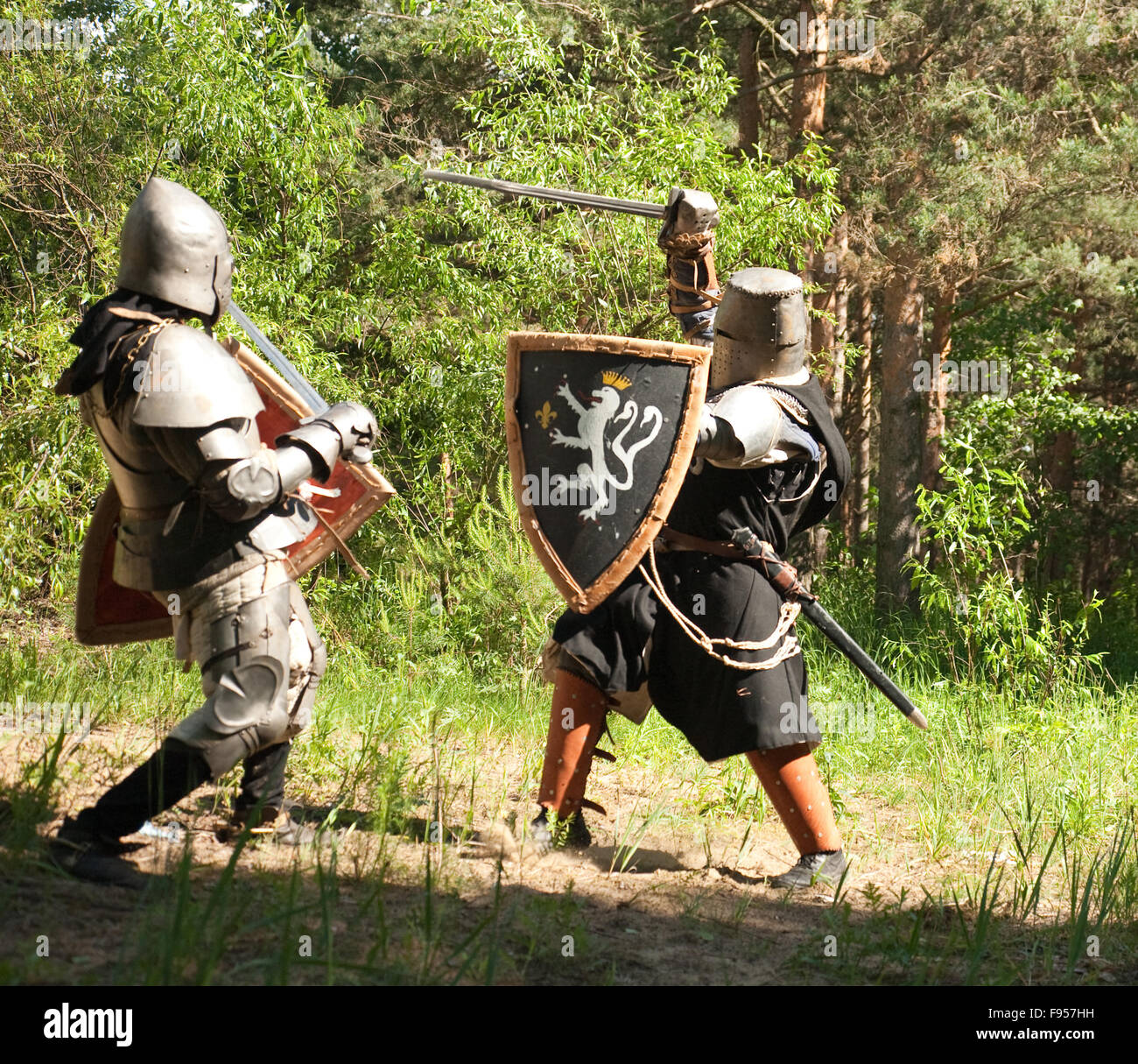 Two knights in armor is fighting at forest Stock Photo - Alamy