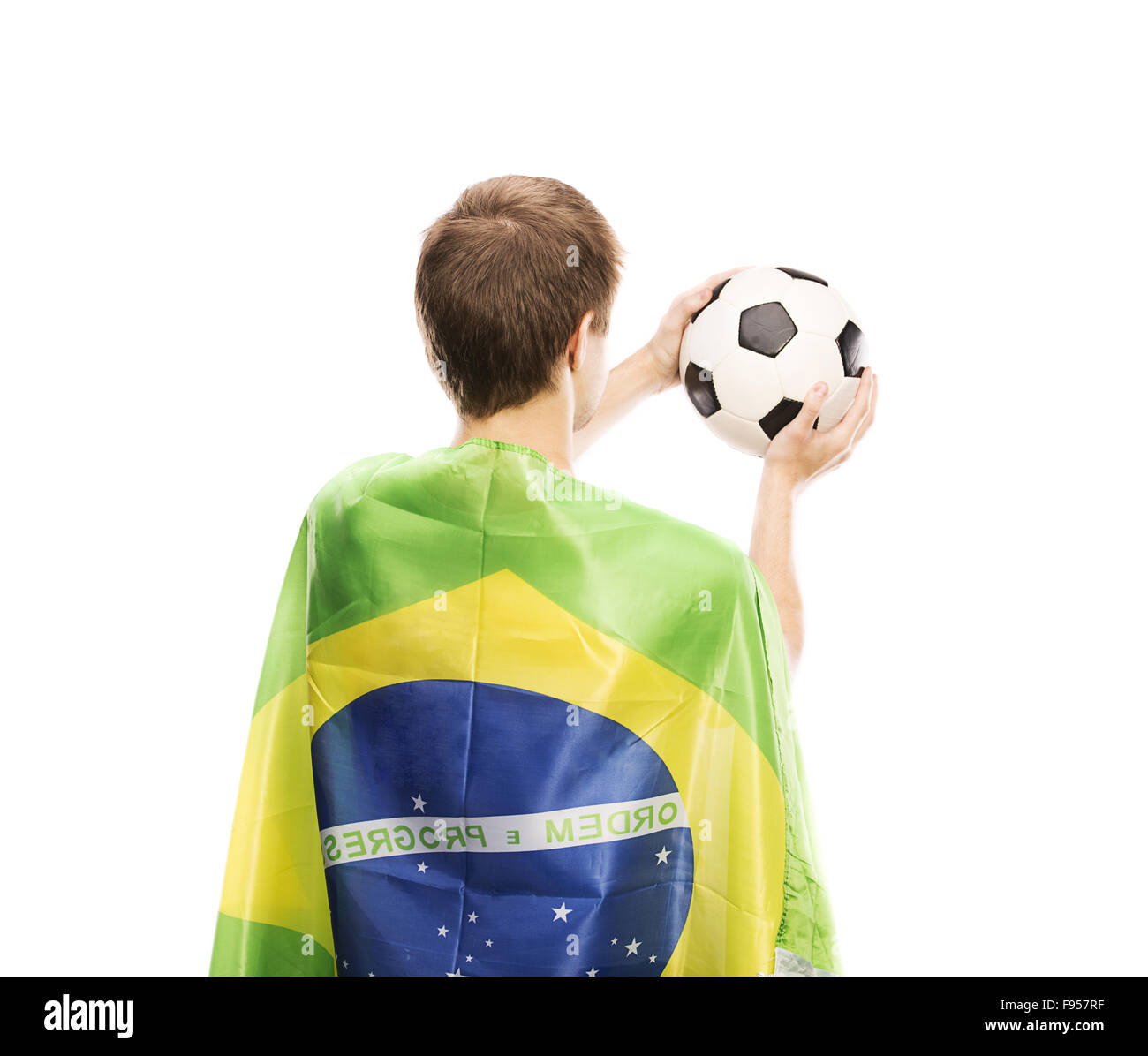 Brazilian soccer fan holding ball and flag of Brazil, isolated on white ...