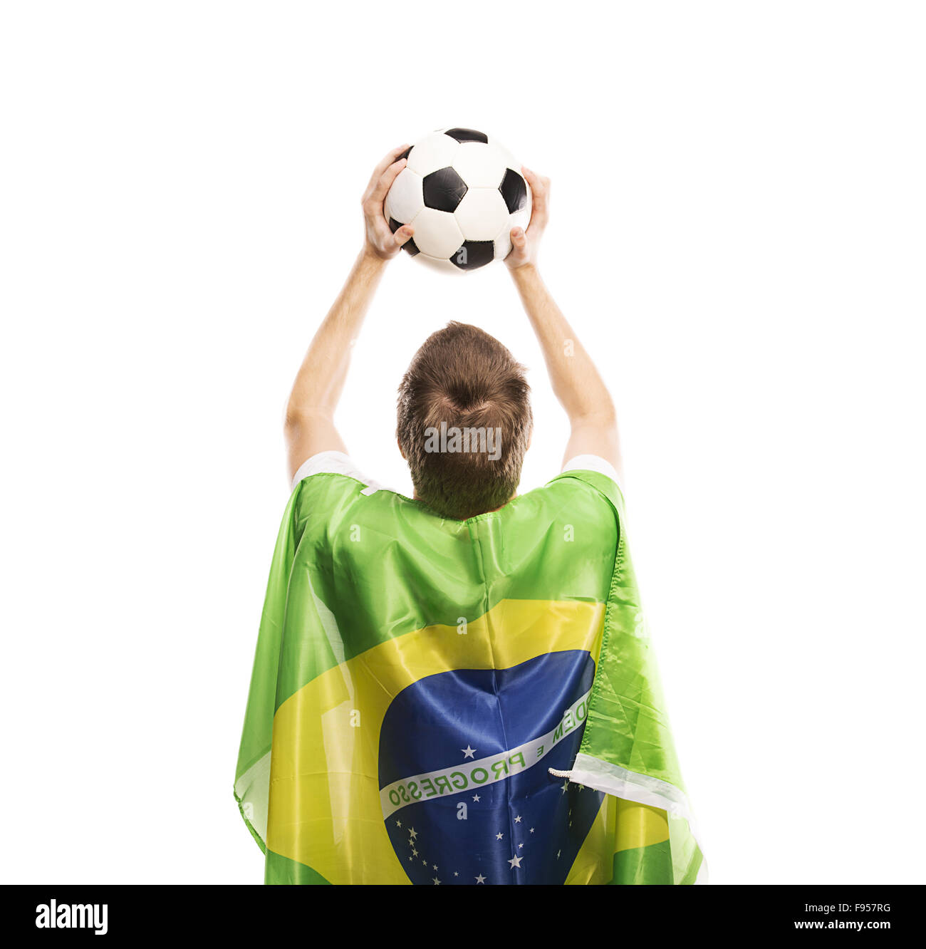 Brazilian soccer fan holding ball and flag of Brazil, isolated on white ...