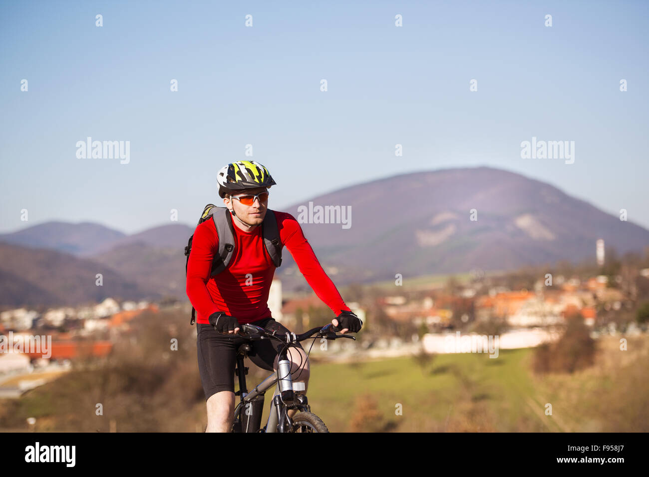 cyclist man riding mountain bike on outdoor trail in nature Stock Photo ...