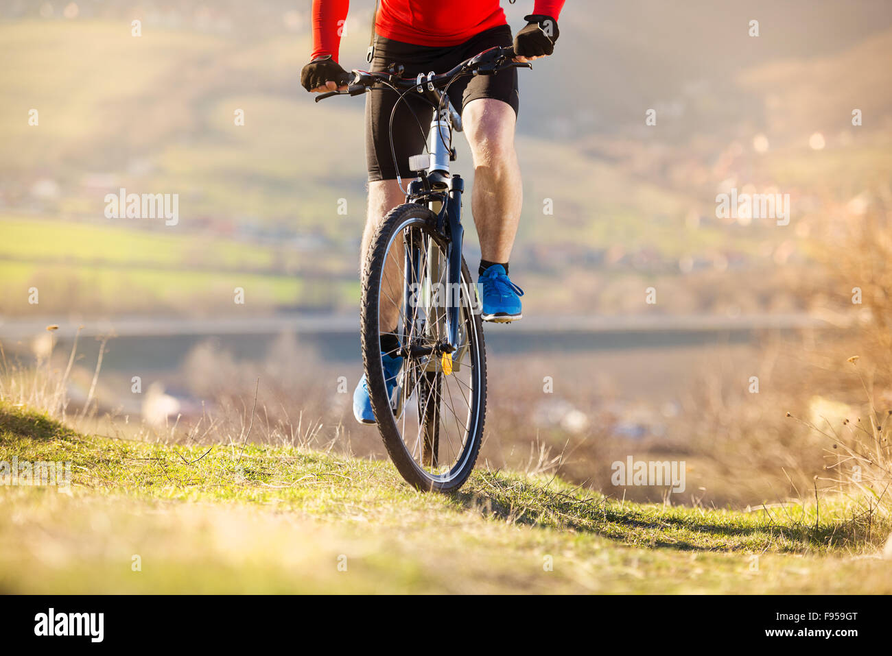 cyclist man riding mountain bike on outdoor trail in nature Stock Photo ...