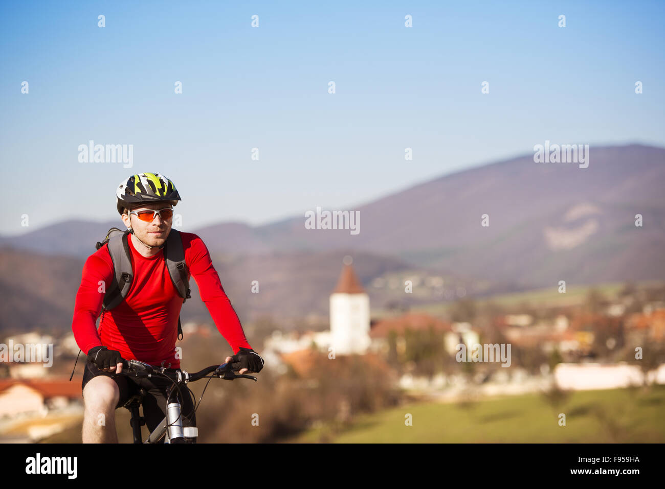 cyclist man riding mountain bike on outdoor trail in nature Stock Photo ...