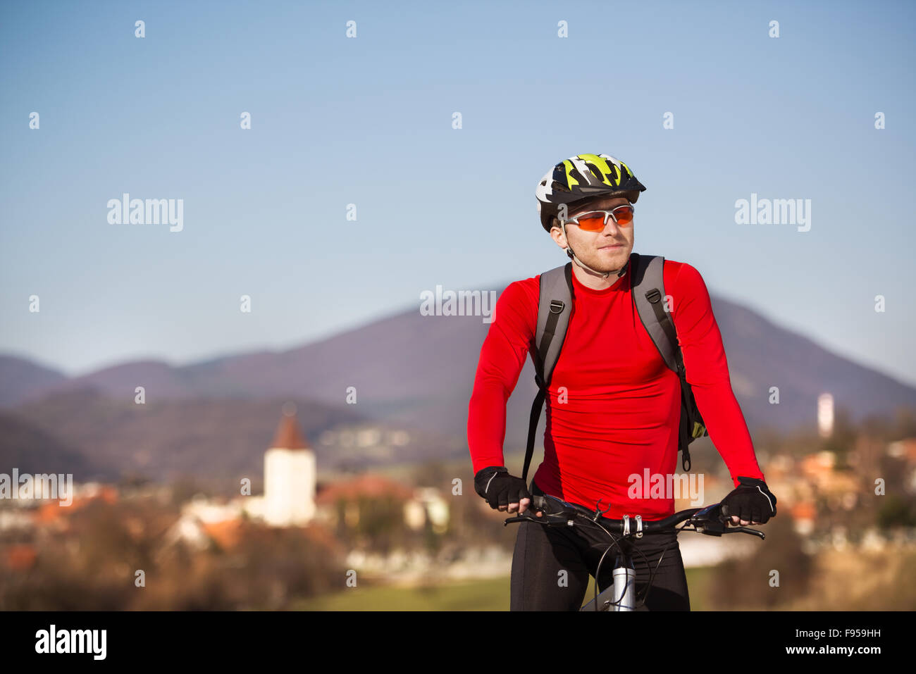 cyclist man riding mountain bike on outdoor trail in nature Stock Photo ...