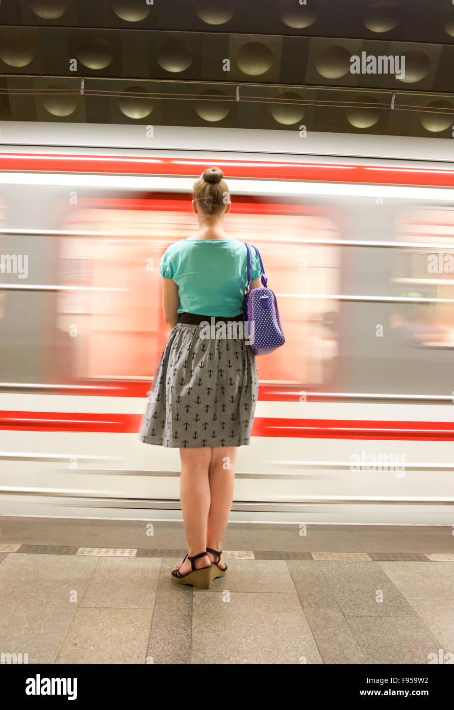 Female waiting for Metro in Prague Stock Photo - Alamy