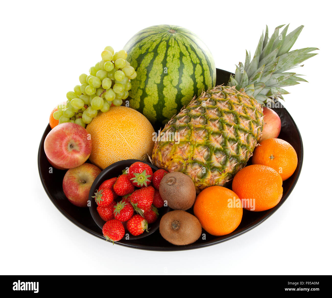 Big plate with lots of healthy fruits over white background Stock Photo ...