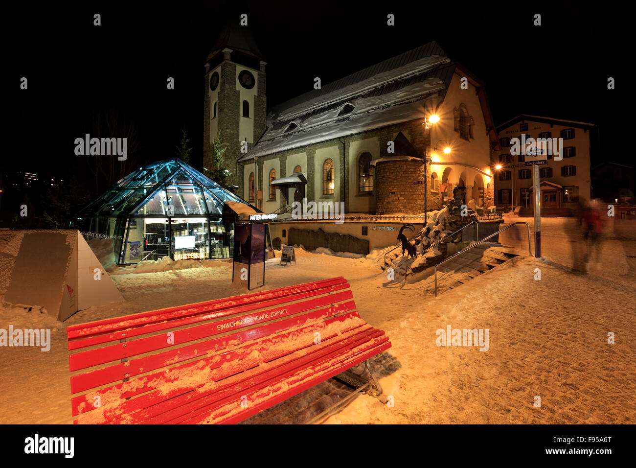 Winter snow, Parish church of St Mauritius, Zermatt town, Valais canton ...