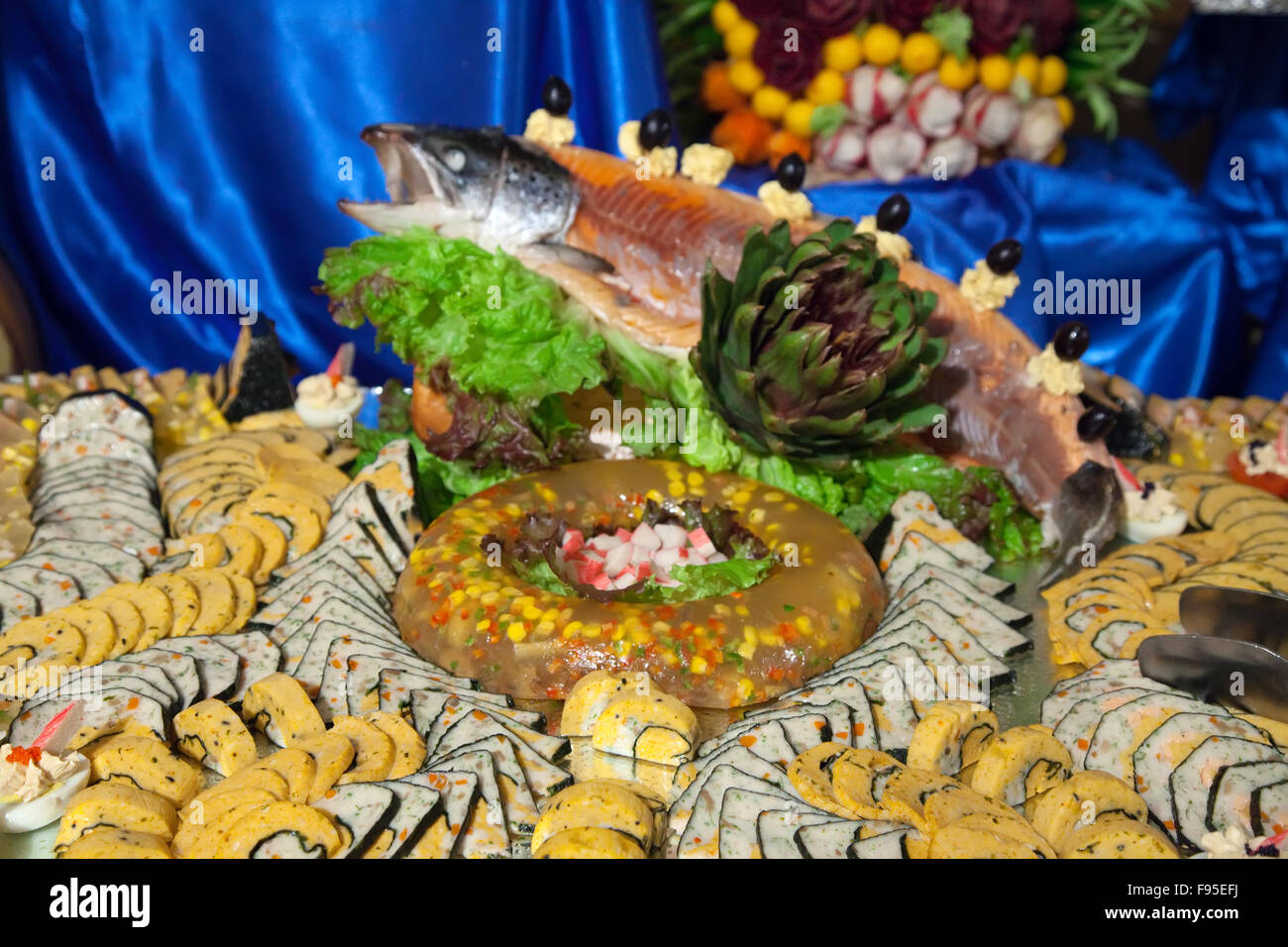 Decorated fish on banquet table in buffet Stock Photo - Alamy