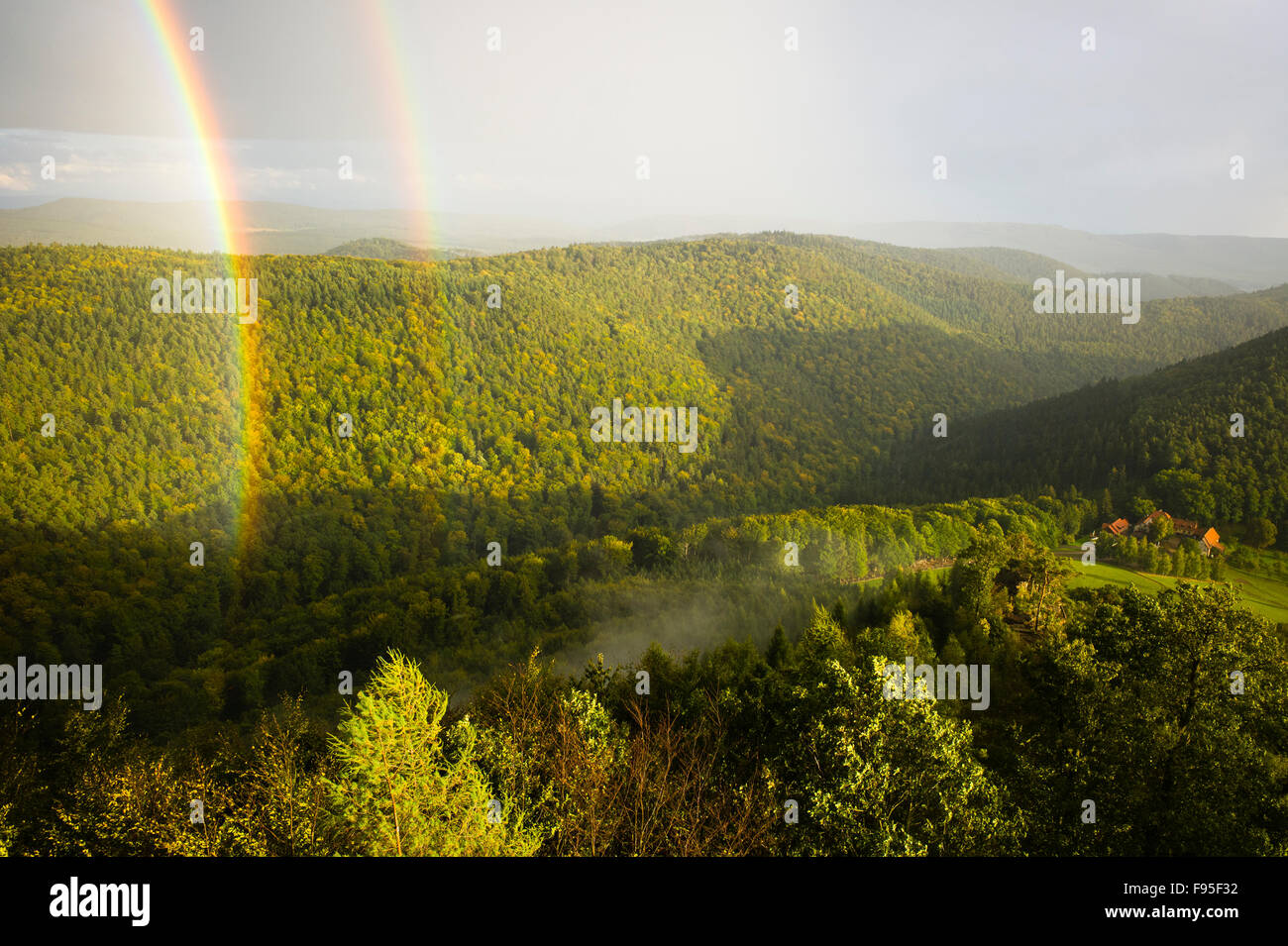 Rainbow viewed from Loewenstein Castle near Wingen Alsace France Stock ...
