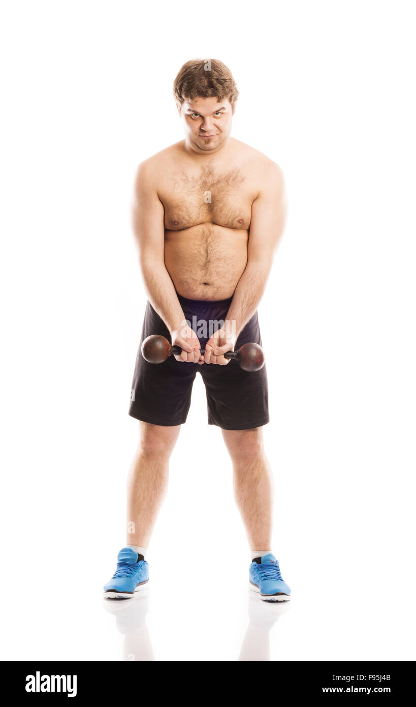 Fat fitness man is posing in studio on white background Stock Photo - Alamy