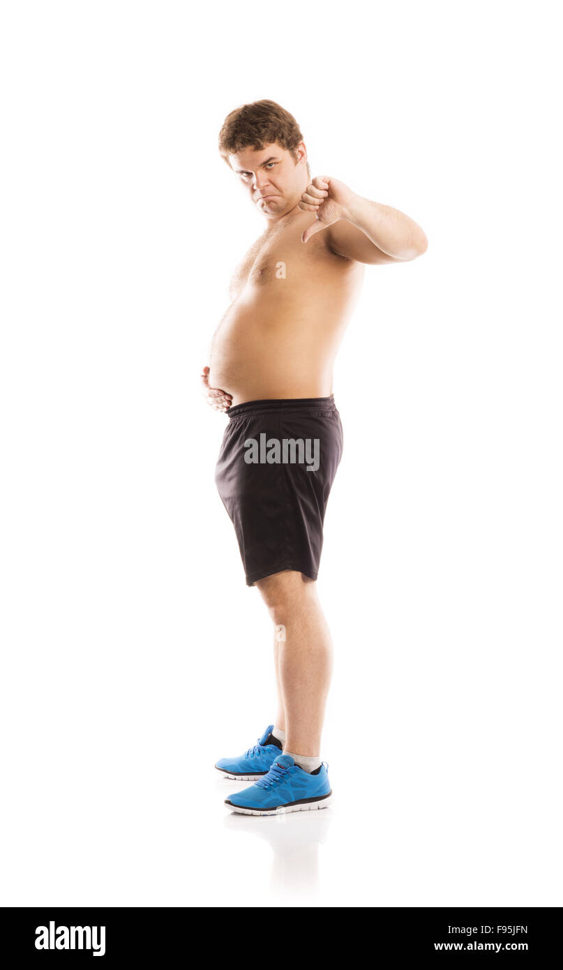 Fat fitness man is posing in studio on white background Stock Photo - Alamy