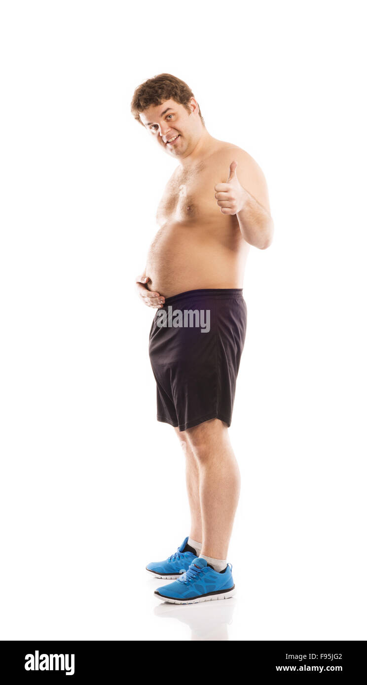 Fat fitness man is posing in studio on white background Stock Photo - Alamy