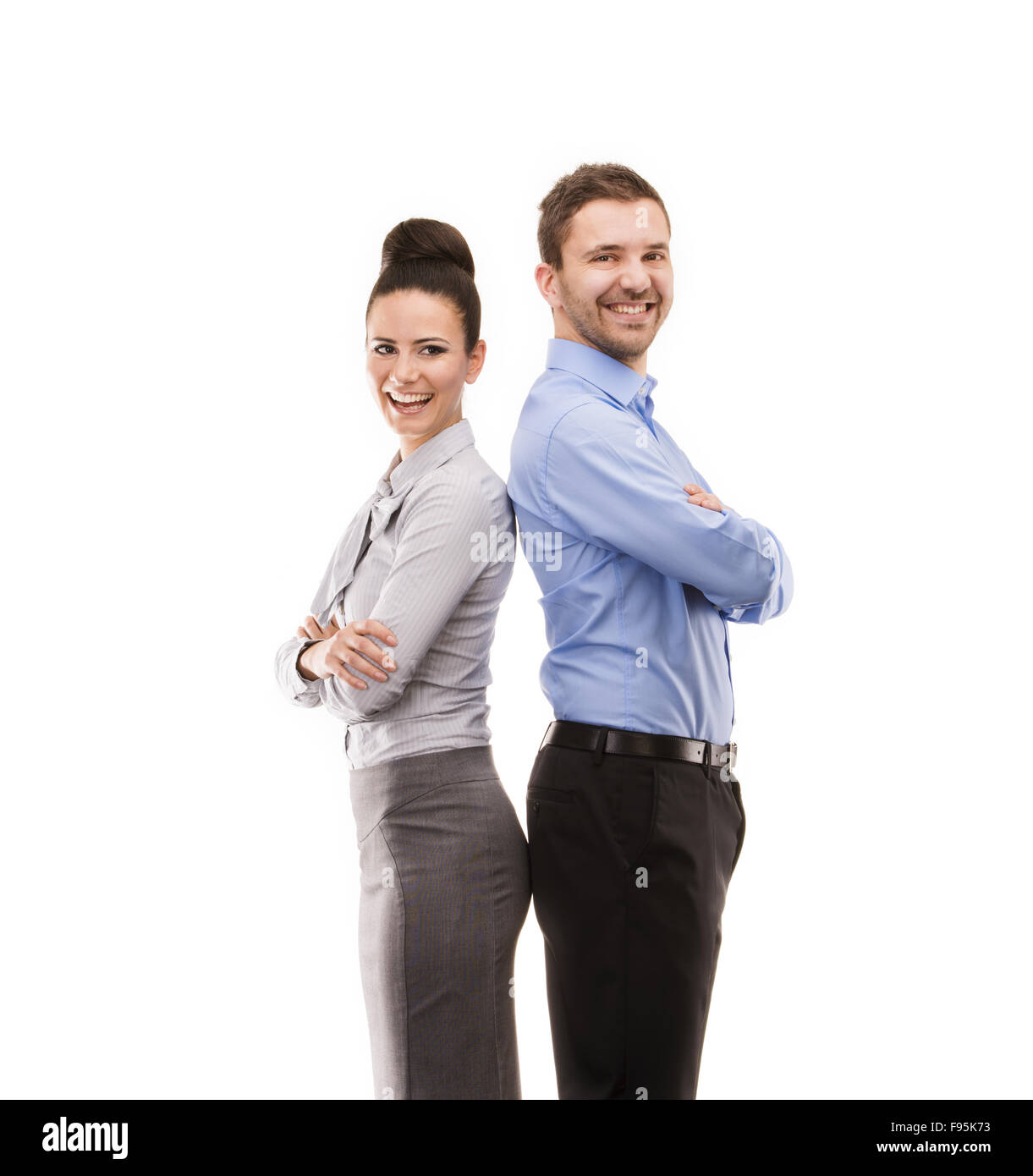 Young smiling business woman and business man isolated over white ...