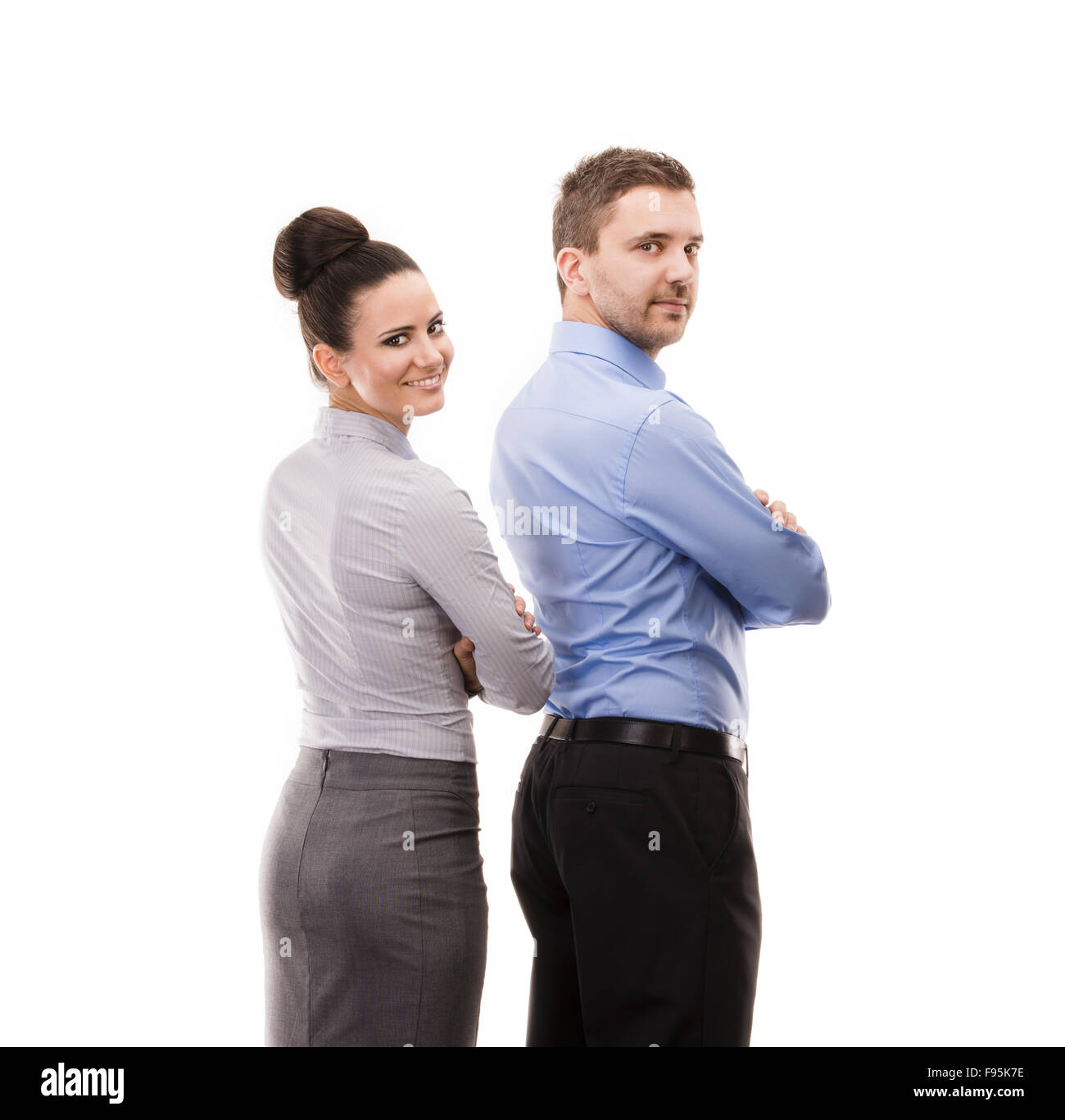 Young smiling business woman and business man isolated over white ...