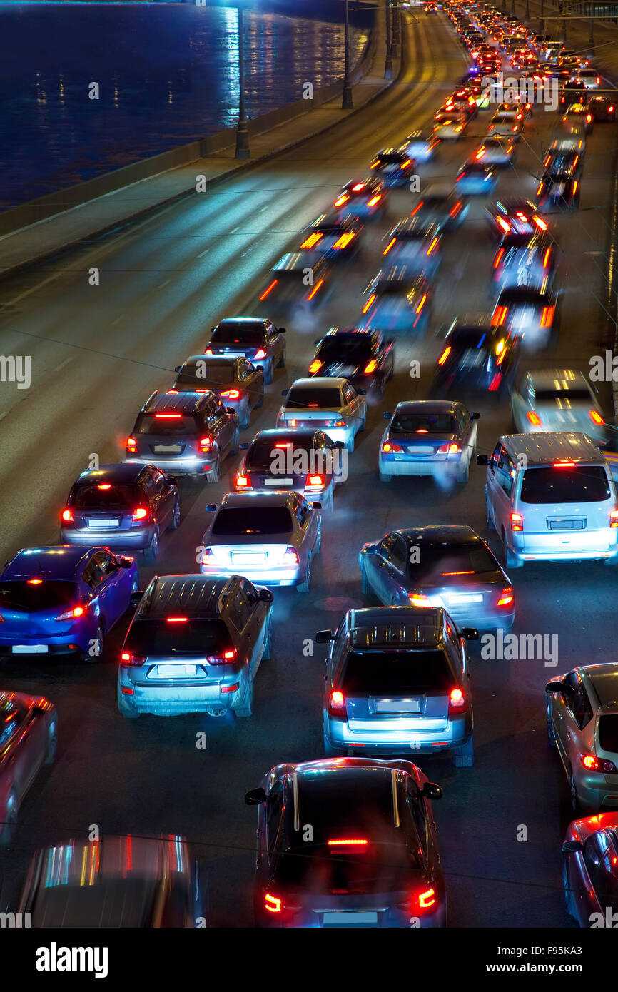 slow-moving traffic on night road Stock Photo - Alamy