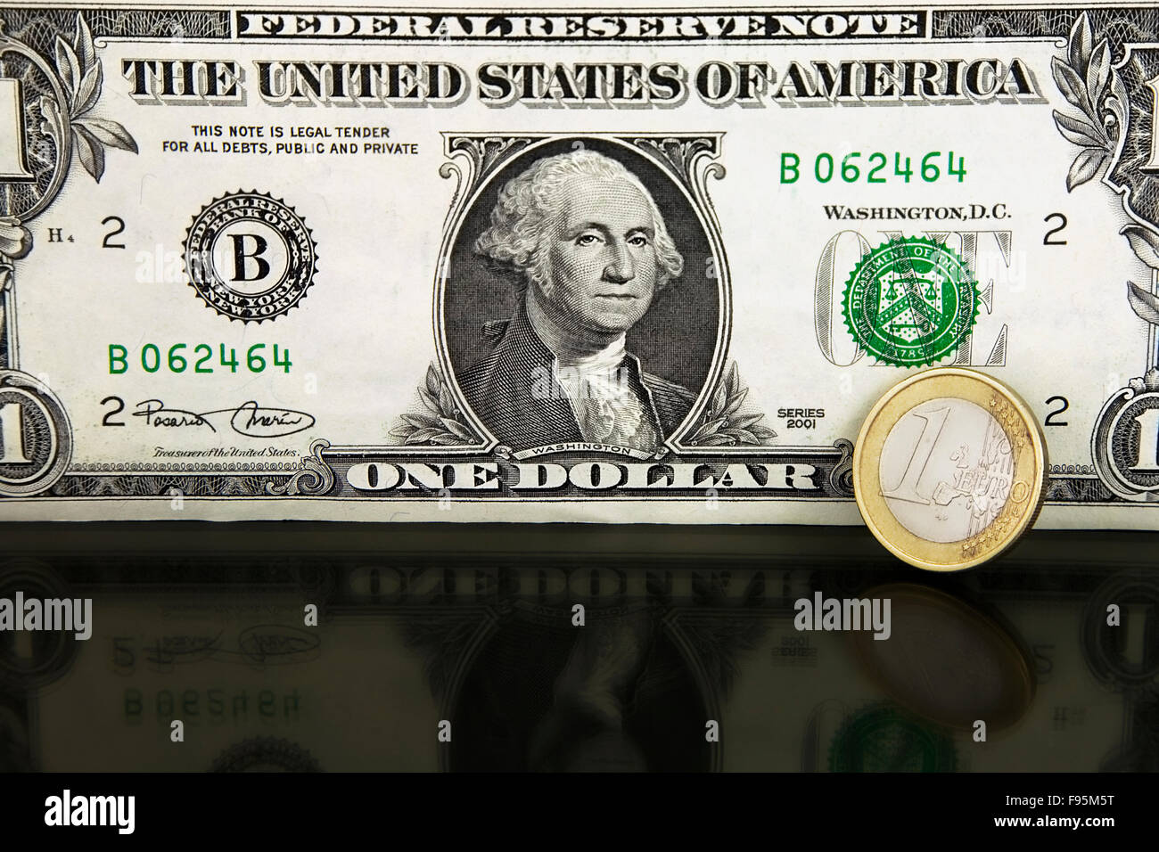 American One Dollar Bank note with One Euro coin Stock Photo - Alamy