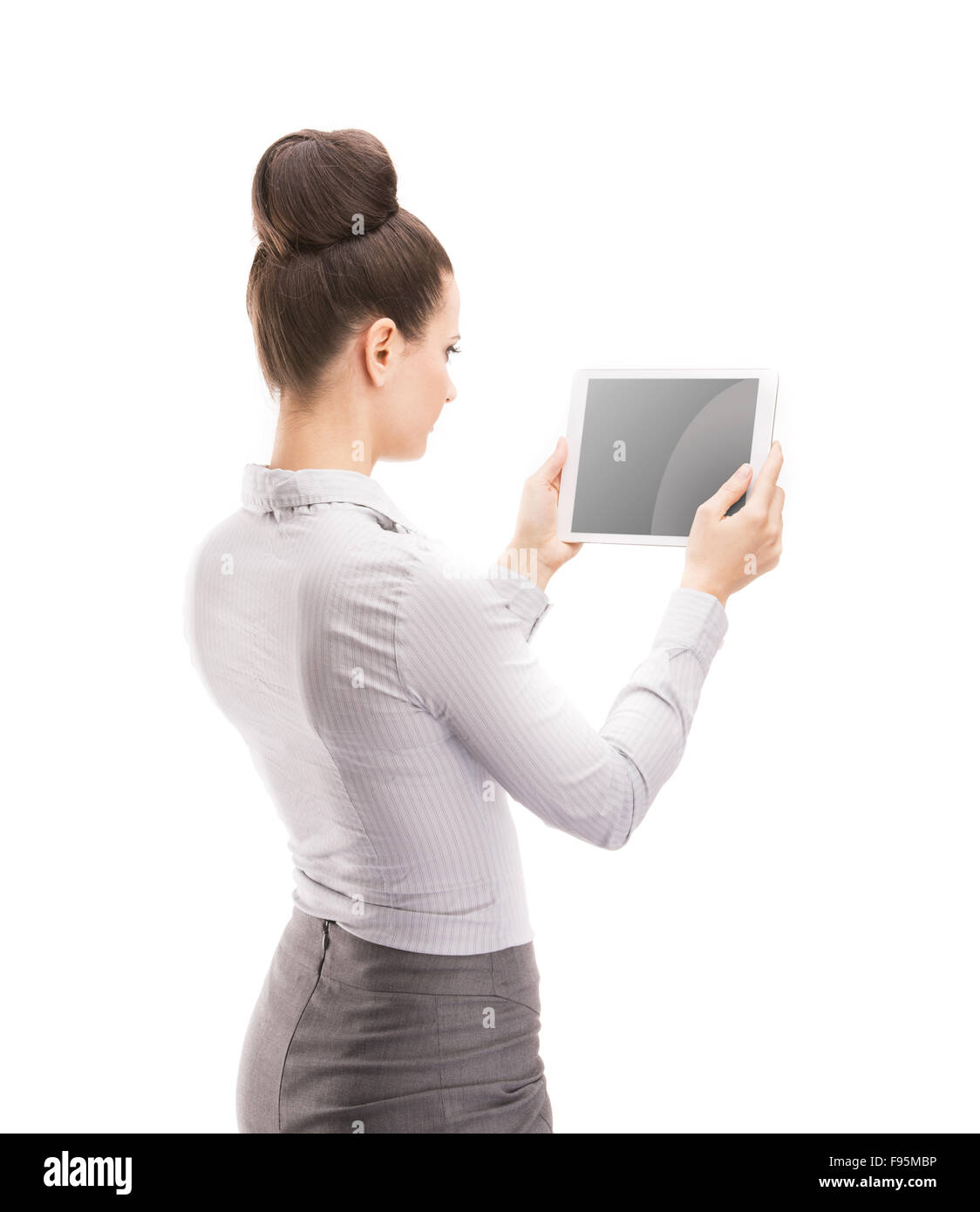 Beautiful business woman with digital tablet isolated over white ...