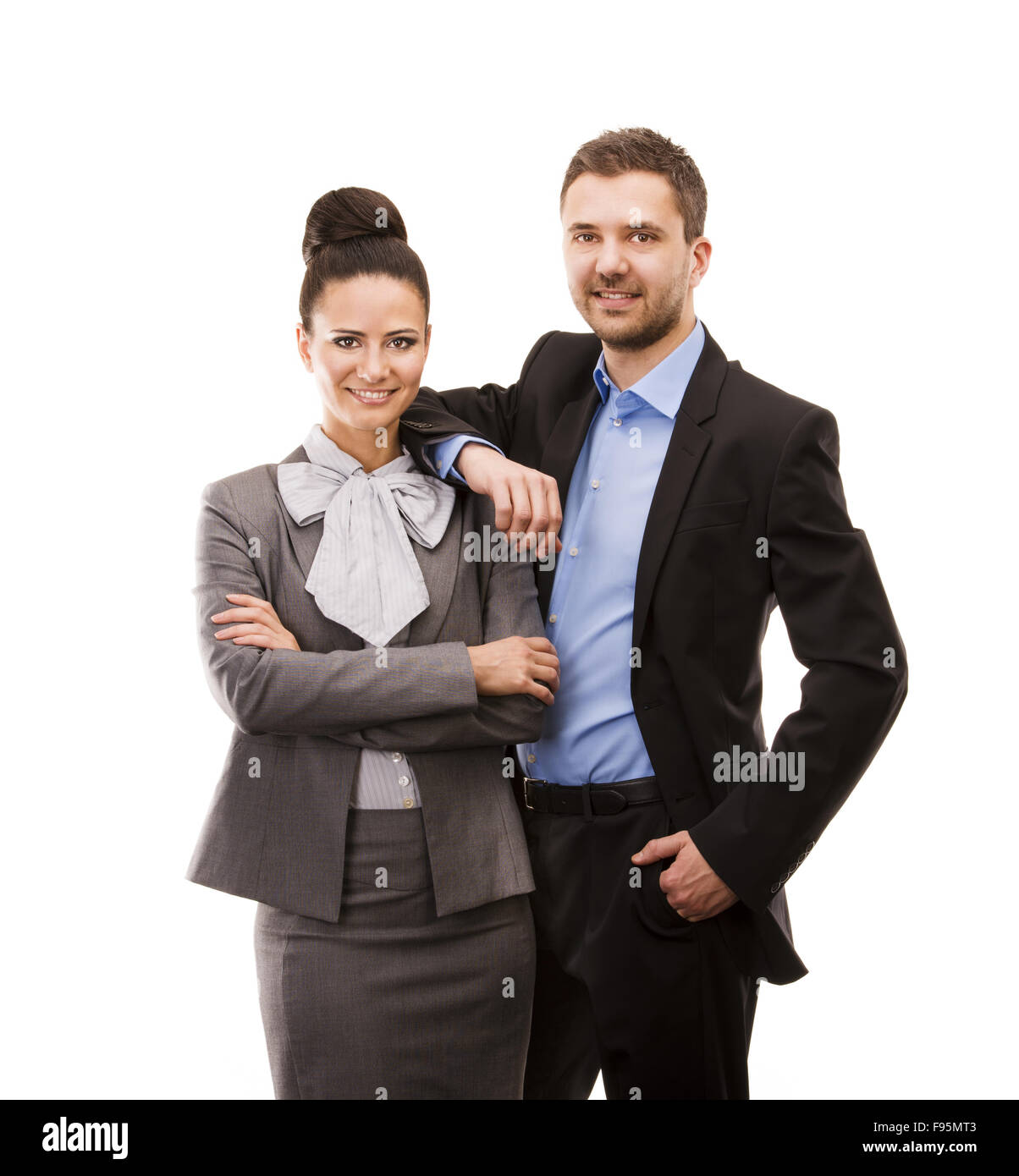Young smiling business woman and business man isolated over white ...